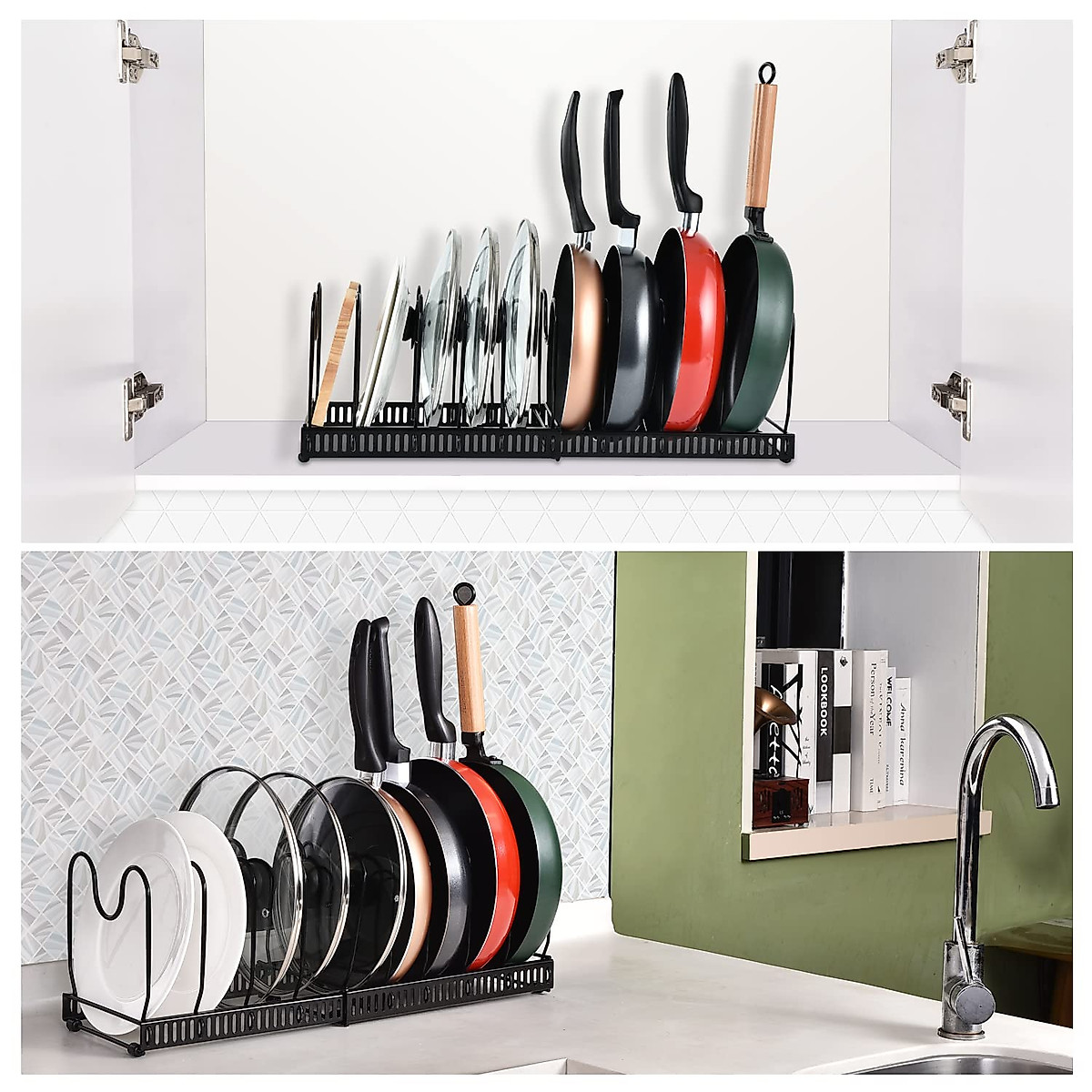 aceyoon Expandable Pots and Pans Organizer Under Cabinet with 10 Adjustable Compartment, Kitchen Pot Lid Organizer, Pan Rack Holder for Kitchen Cabinet Pantry Cookware Baking Frying Rack