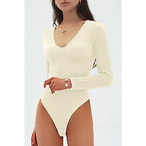 CHYRII Womens Sexy V Neck Bodysuit Basic Ribbed Long Sleeve Shirt Fall Tops Beige S