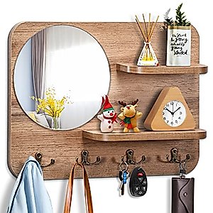 YeadCedle Key Holder for Wall with Shelf Wooden Key Rack with Key Hook with Mirror and 4 Key Hooks for Rustic Entrances Hallways Living Rooms and Bedrooms 16"x12"(Original Wood Color)