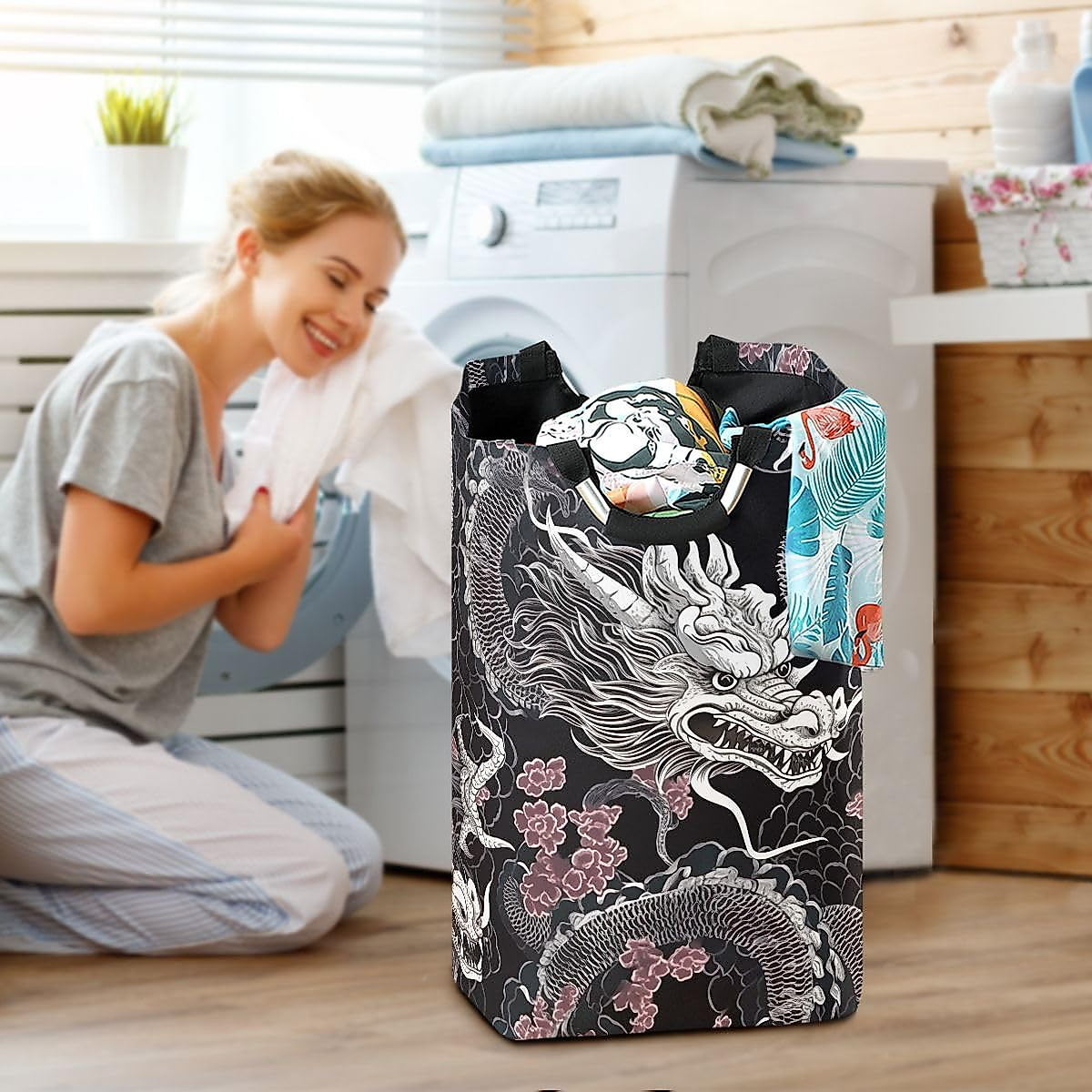 Nander Chinese Dragon Large Laundry Basket,Collapsible Laundry Bag, Foldable Laundry Hamper, Toy Storage Basket for Blankets, Towels, Books