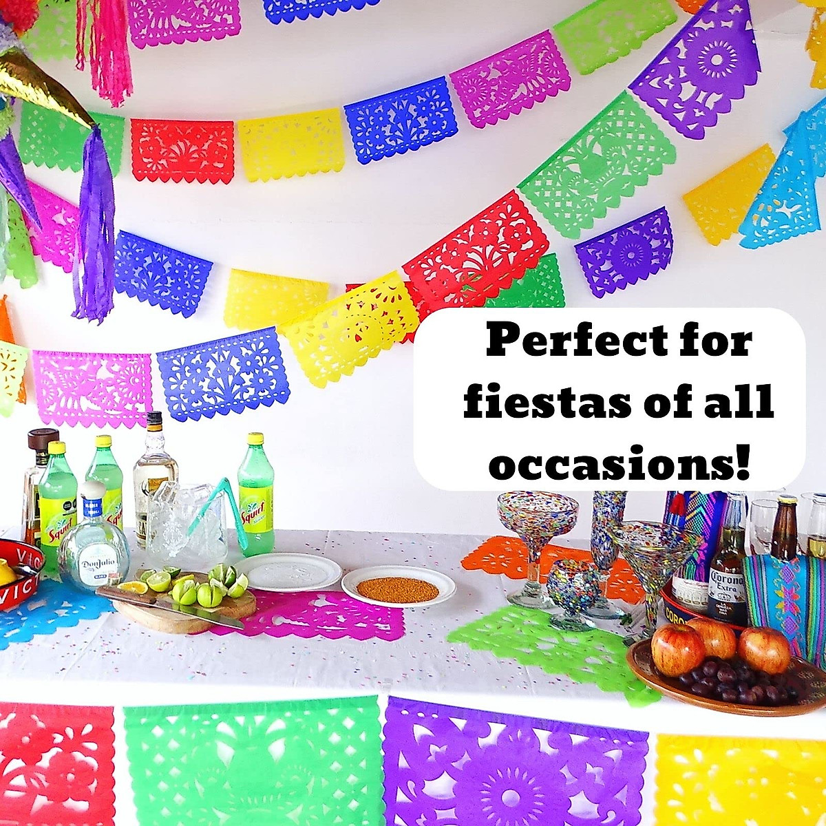 5 Pk Mexican Fiesta Party Decorations, Papel Picado Banner 60 ft Cinco de Mayo party papel picado tissue paper, Mexican theme supplies for Day of the dead Decorations, Birthdays, Mexican Banner Flags