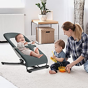 Baby Bouncer, Portable Bouncer Seat for Babies, Portable Baby Rocker with 3-Point Harness, Portable Rocker with Mesh Fabric and Babies Soothing Vibrations (Grey)