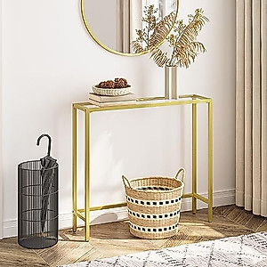 HOOBRO 29.5" Narrow Console Table, Tempered Glass Sofa Table, Small Side Table, Modern Entryway Table, for Entrance, Living Room, Foyer, Hallway Bedroom, Gold GD71XG01