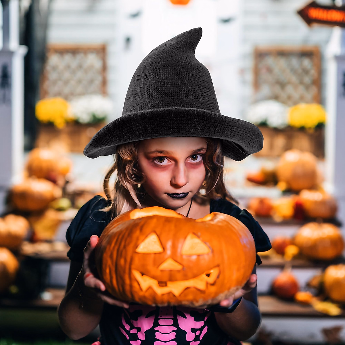 Edoneery Halloween Witch Hat for Women Wide Brim Foldable Pointed Cap for Halloween Party Costume Accessory