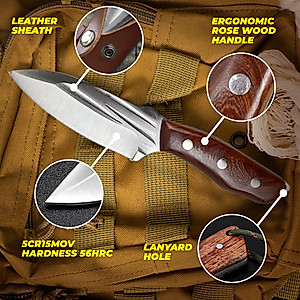 AOSILEY Pocket Fixed Blade Knife with Wood Handle and Leather Sheath for Camping, Outdoor Hunting,Tactical, Survival and EDC