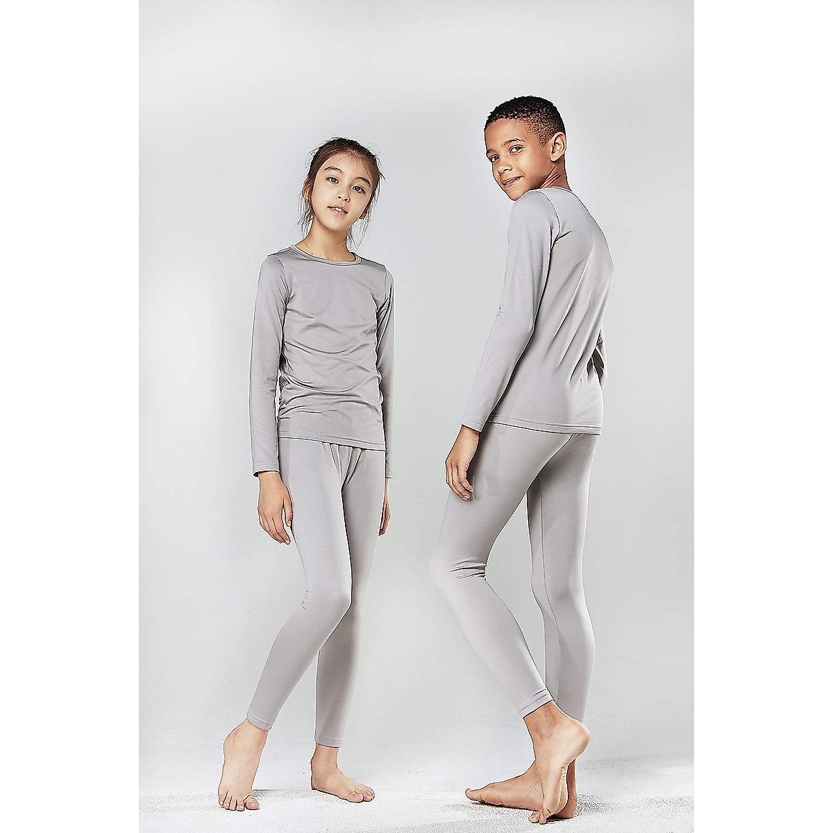 DEVOPS Boys and Girls Thermal Underwear Long Johns Set with Fleece Lined (Medium, Light Gray)