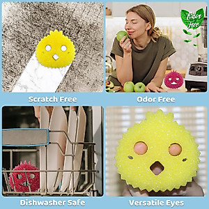 Scrub Family Functional Sponge Scrubber Set - Daddy Mommy Daily Scrub Sponge, Smiley Happy Face, Firm in Cold and Soft in Warm, Scratch Free, No Odor, 2 Animal Patterns (2ct)