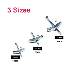 cSeao 22 Pieces Heavy Duty Drywall Ceiling TV Anchors Toggle Bolt Assortment Kit, 1/8" 1/4" 3/16" Spring Loaded Hollow Wall Inserted Bolt Wing Nuts