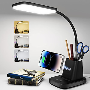 Sailstar LED Desk Lamp with Wireless Charger, Black Desks Lamp for Home Office, 3 Color Modes, Stepless Dimming, CRI 85, 800 Lumen, Study Lamp with Pen Holder for College Dorm Room, Adapter Included