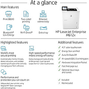HP Laserjet Enterprise M612x Single-Function Wireless Monochrome Laser Printer, White - Print only - 4.3" Touchscreen, 75 ppm, 1200 x 1200 dpi, Auto Duplex Printing, Ethernet - Cbmou External Webcam
