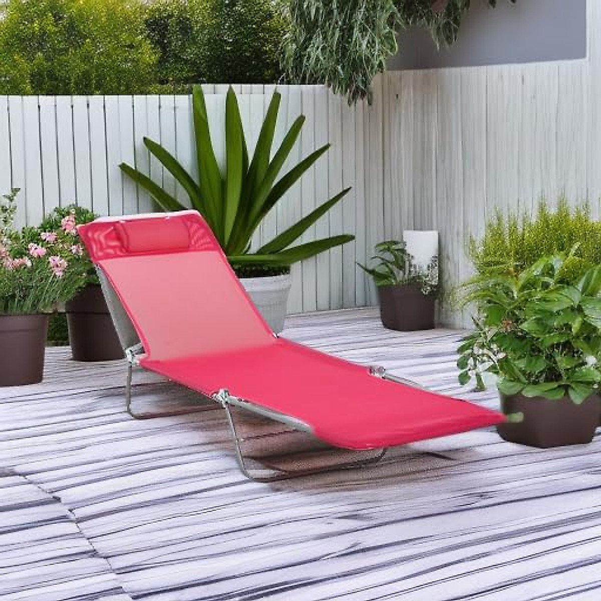 Outsunny Folding Chaise Lounge Chair, Pool Sun Tanning Chair, Outdoor Lounge Chair with Reclining Back, Breathable Mesh Seat, Headrest for Beach, Yard, Patio, Pink