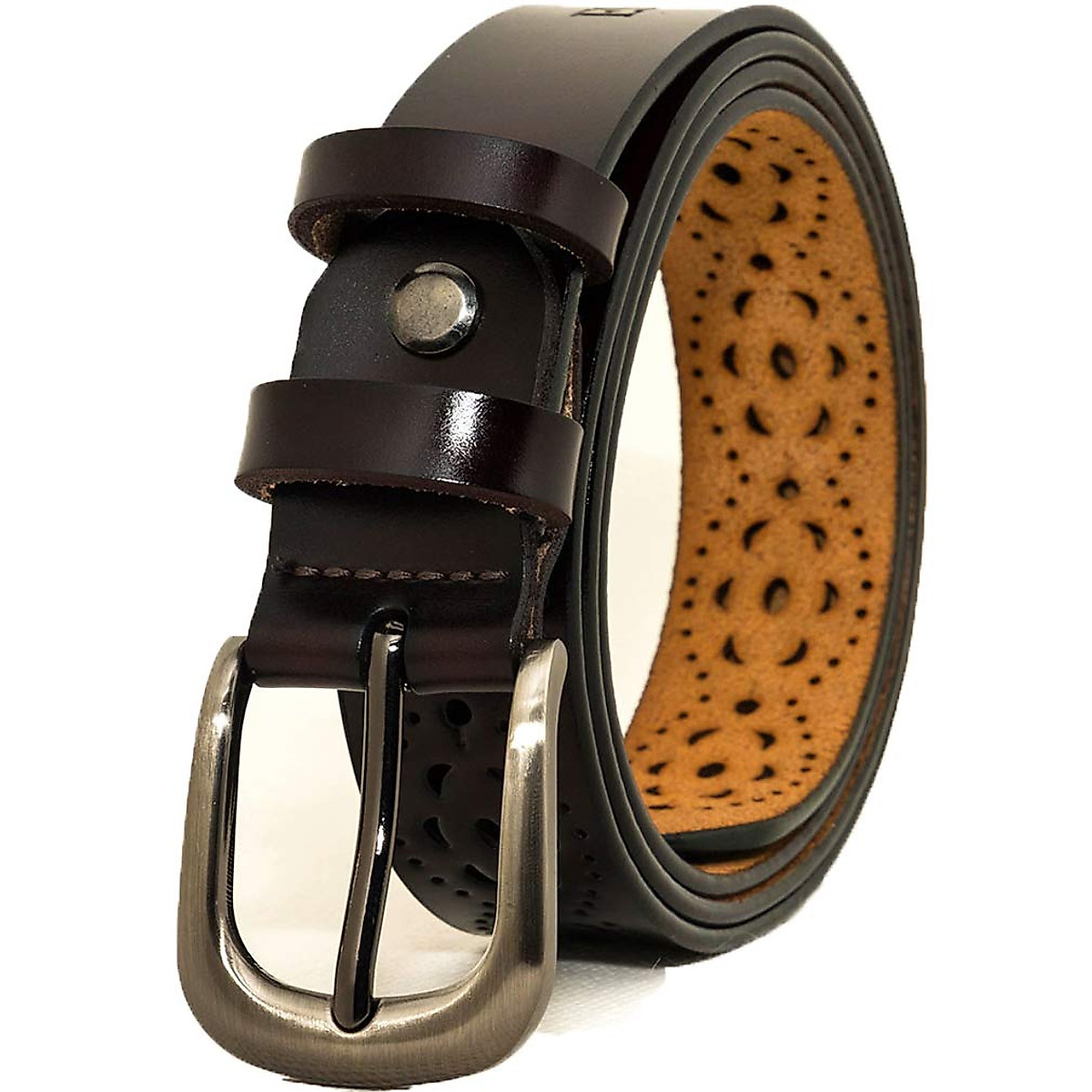 ESPOFY Women's Belt Hollow Flower Genuine Leather Belt for Jeans Pants with Alloy Buckle Brown 45 inch (115cm)