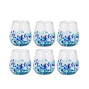 Amici Home Bahia Stemless Wine Glass | Set of 6 | Authentic Mexican Handmade Glassware | Blue and White Ombre | Wine Glasses for Red or White Wine, Cocktails | 16 Oz