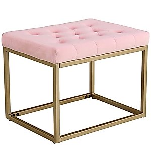 AWQM Vanity Stool,Pink Velvet Ottoman Bench,Vanity Bench with Gold Legs,Upholstered Rectangle Velvet Foot Stool Chair,Comfy Vanity Chair, End of Bed Bedroom,Makeup Chair for Living Room Entryway