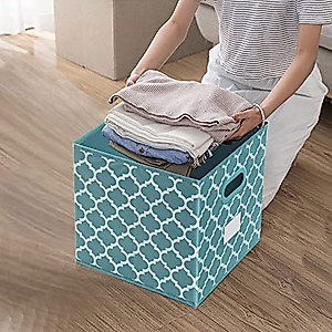 Homyfort Cube Storage Organizer Bins 12x12 - Fabric Storage Cubes Bin Foldable Baskets Square Box with Labels and Dual Plastic Handles for Shelf Closet, Nursery, Boys, Girls, Set of 6 (Teal Blue)