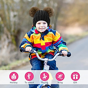 Simplicity Soft Kids Winter Hat Boys Girls Plush Lined Elastic Toddler Winter Hat Cuddly Ball Pom Pom Ears Knit Baby Hat Warm Kids Beanie Hat, Black