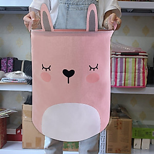 Homele Large Round Storage Basket, Cute Collapsible Laundry Basket Organizers and Storage Bins Foldable Dirty Clothes Basket Nursery Hamper Canvas Fabric Toy Box Decorative Gift Baskets (Pink Rabbit)