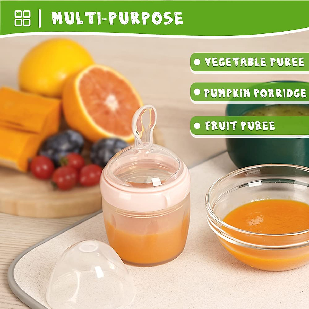 haakaa Gen.3 Silicone Feeding Spoon Bottle Peach (5oz./160ml) - Silicone Food Dispensing Spoon with Dust-Proof Cap, Homemade Food Squeeze Feeder Spoon for 6M+