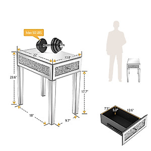 VINGLI Mirrored Nightstand Set of 2 Narrow Side Table with Drawer Glass Accent Table,Silver
