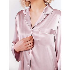 SIORO Womens Silk Pajamas Soft Long Satin Sleepwear Ladies Pajama Sets Button Down Loungewear Pyjamas Suit, Dusty Rose, Large