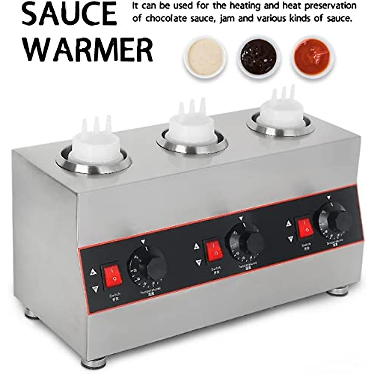 ANSNAL Commercial Electric Sauce Warmer 3 Pot, 480W Stainless Steel Countertop Sauce Dispenser, Adjustable Temperature from 30 to 85℃, Chili Hot Fudge Cheese Caramel Jam Sauce Warmer