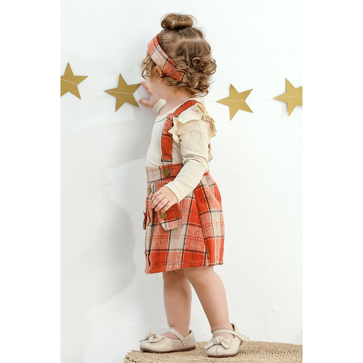 YOUNGER STAR Infant Baby Girl Fall Outfits Romper Jumpsuit Strap Skirt Clothes Set Baby Girl Clothing (3-6 Months,Rust-red khaki plaid skirt)