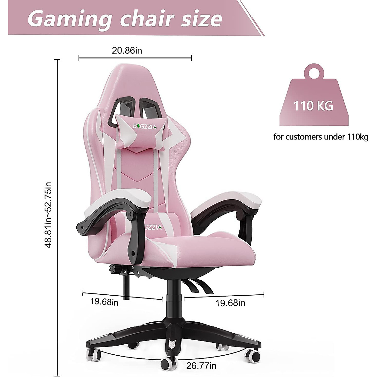 Bigzzia Pink Gaming Chair, Reclining High Back PU Leather Office Desk Chair with Headrest and Lumbar Support, Adjustable Swivel Rolling Video Game Chairs Ergonomic Racing Computer Chair