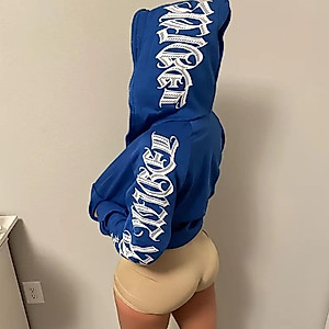 PLAYPUNK Women Zip Up Hoodie Y2k Letter Graphic Print Rhinestone Oversized Hoodies Gothic Jacket Vintage Streetwear (Blue, M)