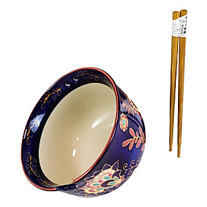 Ebros Midnight Purple Mandala Purple Floral Blossoms Ramen Udon Noodles Large 6.25"D Soup Bowl With Bamboo Chopsticks And Built In Rest Set for Asian Dining Rice Meal Bowls Decor Kitchen