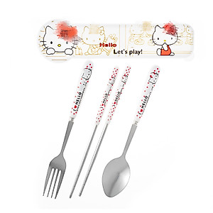 oneZHI Cartoon Kitty Utensils Set Includes Reusable Stainless Steel Fork Spoon Chopsticks And Cute Cat Carrying Case Durable