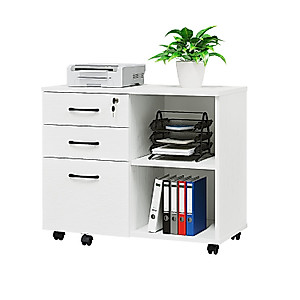 Wood File Cabinet, 3 Drawer Mobile Lateral Filing Cabinet On Wheels, Printer Stand with Open Storage Shelves for Home Office(White)