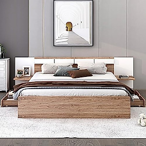VilroCaz Modern Queen Size Platform Bed with Shelves, USB Ports and Sockets, Solid Wood Platform Bed Frame with Headboard and Drawers for Kids Teens Adults, No Box Spring Needed