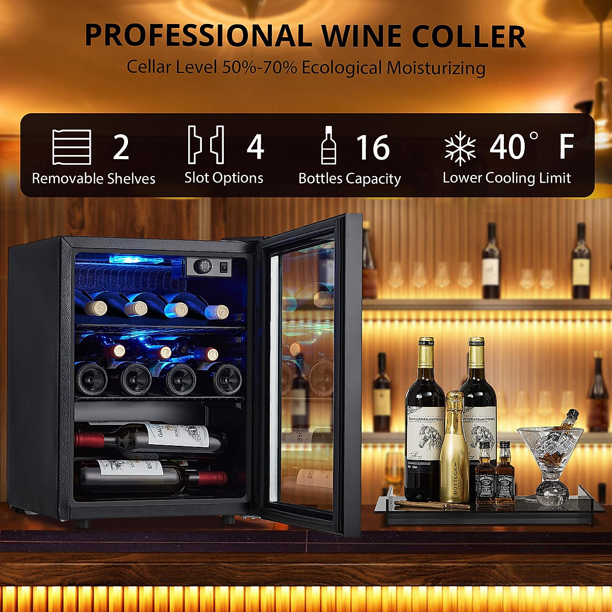 Garvee Wine Fridge 16 Bottle Capacity, Wine Cooler Temperature 7 Levels Adjustable, Temperature Range 40~61°F, Wine Cooler Refrigerator for Red White Wine, Champagne, Beer with Blue Interior Light