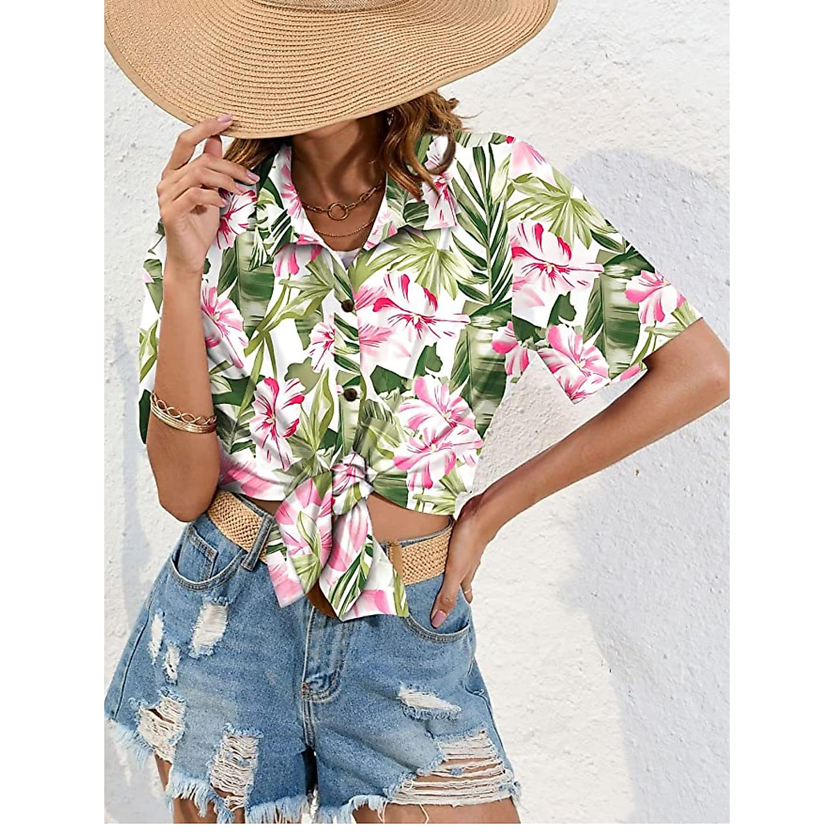 LILYCHIC Women’s Hawaiian Shirts Luau Party Blouses Outfits Aloha Summer Beach Tropical Tops Vacation Plus Size Button Down Short Sleeve Floral Leaf Print Casual Shirt White, XL