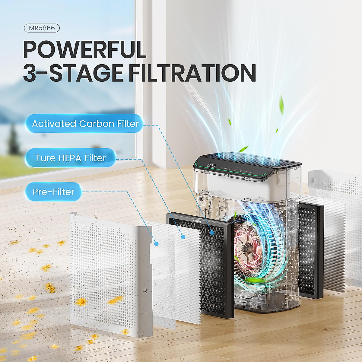 MORENTO Air Purifiers for Home Large Room Up to 1290 ft² with PM 2.5 Air Quality Monitor, Wi-Fi and Alexa compatible, HEPA Auto Mode Double-sided Air Inlet for Smoke and Odor, 23db, MR5866, White