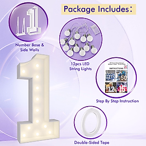 4FT Light Up Numbers Pre-Cut Frame Giant Marquee Numbers 1, Mosaic Numbers for Balloons, First 1st 21st Birthday Anniversary Decorations Party Decor