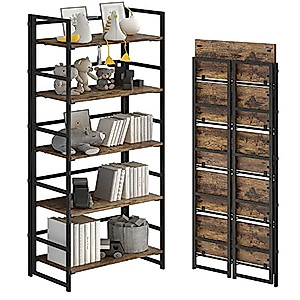 GHQME No-Assembly Folding Bookshelf Storage Shelves 5 Tiers Vintage Multifunctional Plant Flower Stand Storage Rack Shelves Bookcase for Home Office (Fire Board)