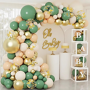 Sage Green Baby Shower Decorations for Boy or Girl - 136pcs Baby Shower Decor, Baby Shower Balloon Boxes with Green Gold Balloon Arch Garland Kit, Safari Jungle Baby Shower, Gender Reveal, Boy Girl
