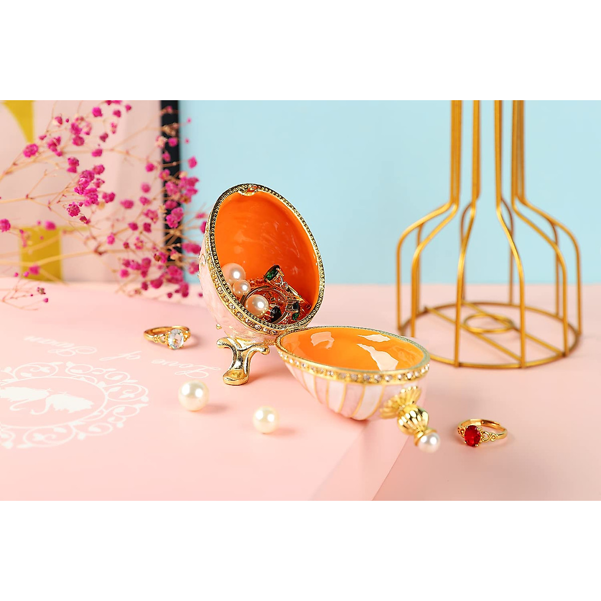 Furuida Pink Easter Egg Shape Jewelry Trinket Boxes Hinged with Love Shape Rhinestones Enamel Craft Gift for Women