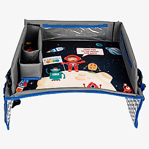 Kids Travel Tray - Car Seat Tray - Travel Lap Desk Accessory for Your Child's Rides and Flights - it's a Collapsible Organizer that Keeps Children Entertained Holding Their Toys (Blue)