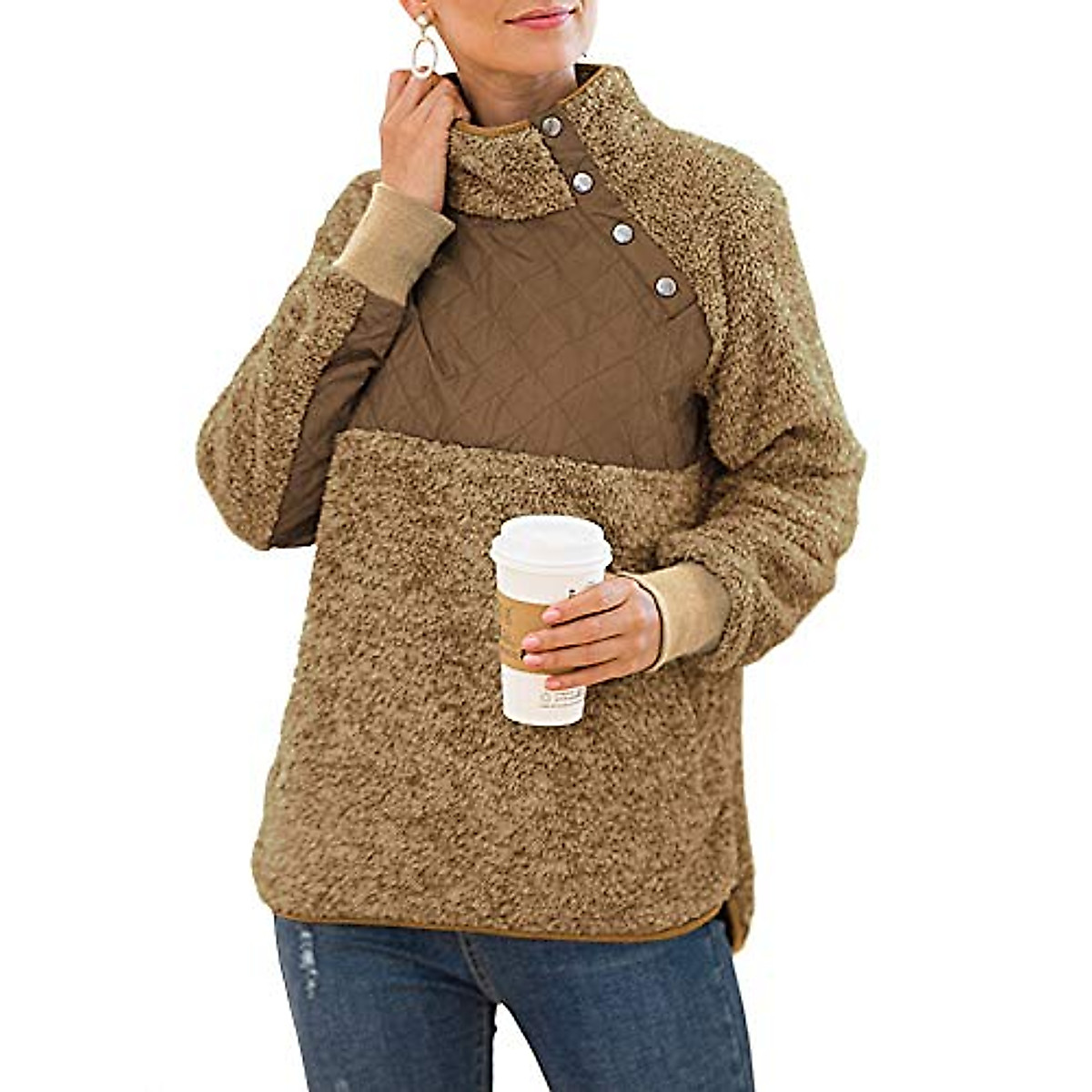 VIISHOW Womens Fashion Oversize Fluffy Fleece Sweatshirt Pullover Outwear With Pockets Brownish Yellow X-Small