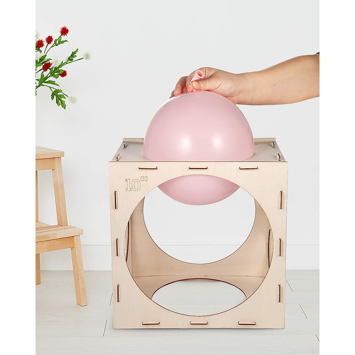 Aoibrloy Wood Balloon Sizer Box Cube, Balloon Size Measurement Tool for Creating Balloon Arches, Balloon Decoration and Balloon Column Stand (9 Holes)
