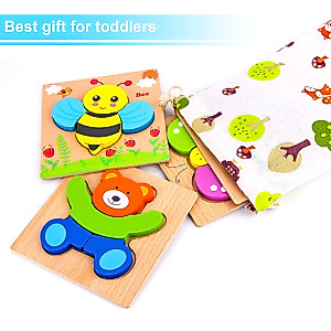 SKYFIELD Wooden Animal Puzzles for Toddlers 1 2 3 Years Old, Boys & Girls Educational Toys Gift with 4 Animal Patterns, Bright Vibrant Color Shapes, Customize Gift Box Ready