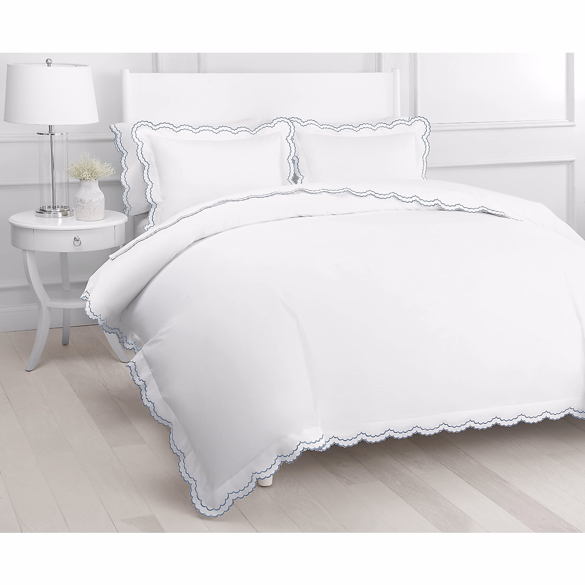 Double Scalloped Percale Weave Embroidered King Size White Duvet Set 300 Thread Count 100% Cotton - Cool Crisp - Luxury Hotel Bedsheet - Oeko Tex Certified Deep Pocket - Blue Piping on Edges