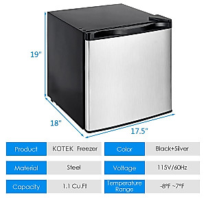 KOTEK 1.1 cu.ft. Compact Upright Freezer, Mini Freezer w/Reversible Stainless Steel Door & Removable Shelf, Small Single Door Freezer for Home, Office, Apartment
