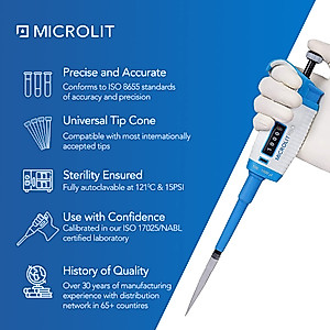 MICROLIT - 3-Piece Pipettes Set, Pipettes with Adjustable Volume, Highly Calibrated and Accurate Micropipette Set with 0.5-10ul, 10-100ul and 100-1000ul Liquid Capacity
