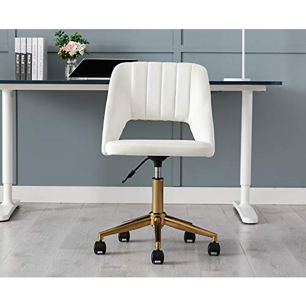 Kmax Velvet Desk Chair Swivel Home Office Task Chair Cute Vanity Chair with Wheels for Girls, Kids, Teens, Living Room, Office, Bedroom, Dressing Room, White