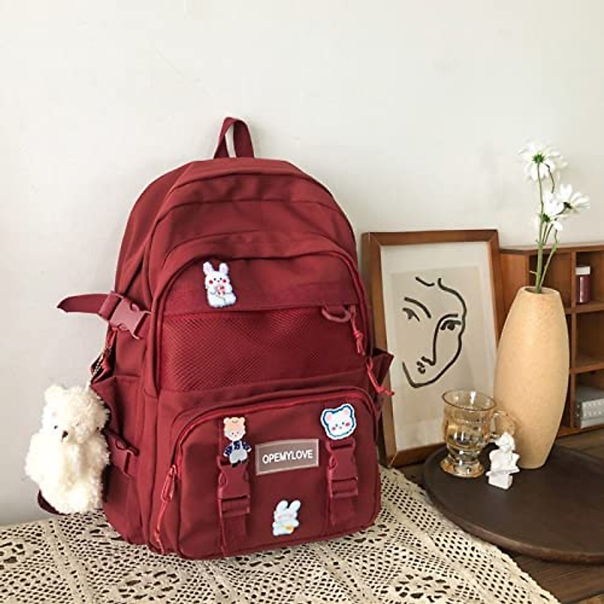 Verdancy Kawaii Backpack for Teen Girls Boys School College Travel Aesthetic Bookbag Casual Bag Schoolbag Daypack (Red)