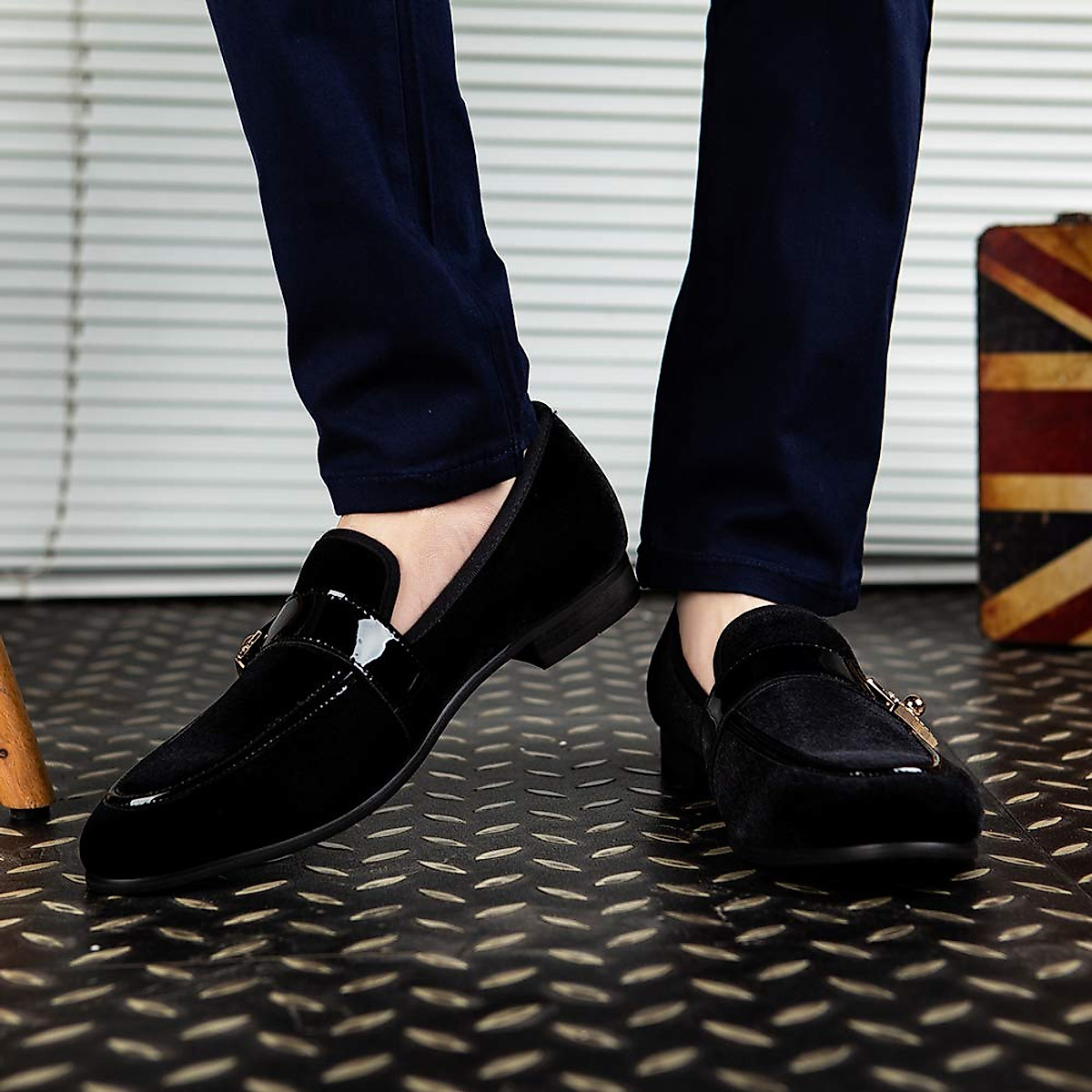 JITAI Men's Penny Loafers Moccasin Driving Shoes Slip On Flats Dress Shoes, Black/Button, 11 US