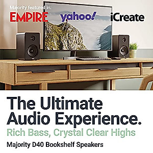 Majority D40 Active Bookshelf Speakers | Powered Stereo Studio Speakers | Powerful Amplified 2.0 Channel Sound | Bluetooth, Optical, RCA, USB & Aux Playback | Digital Controls | HiFi Speakers